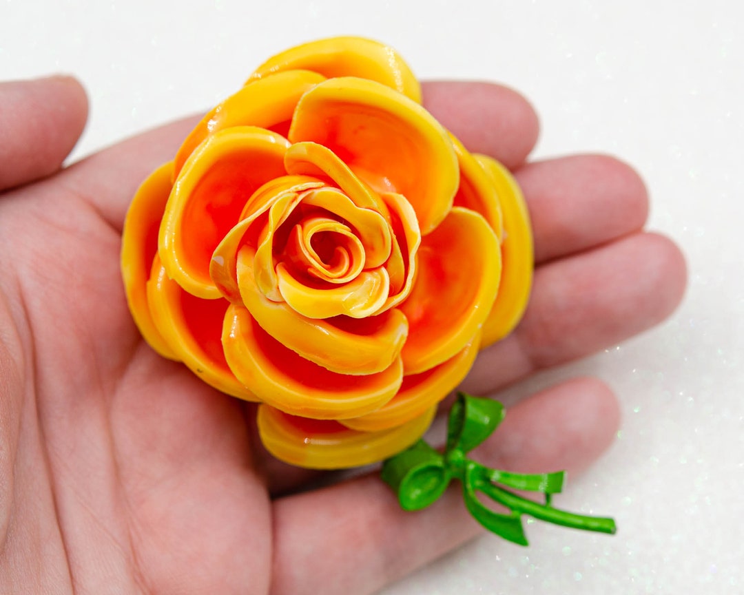 Vintage Huge Yellow Rose Brooch Mid Century Fall Pin Orange - Etsy