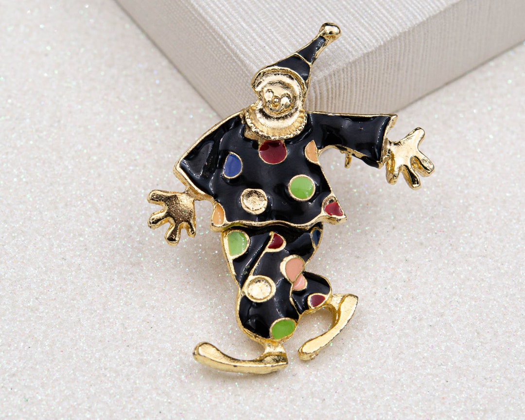 Vintage Articulated Clown Brooch Large Black Enamel Brooch Circus ...
