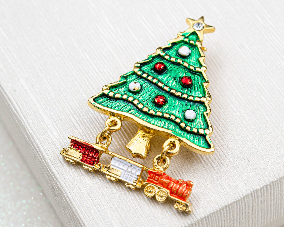Vintage Christmas Tree With Train Brooch Articulated Brooch Xmas Enamel ...