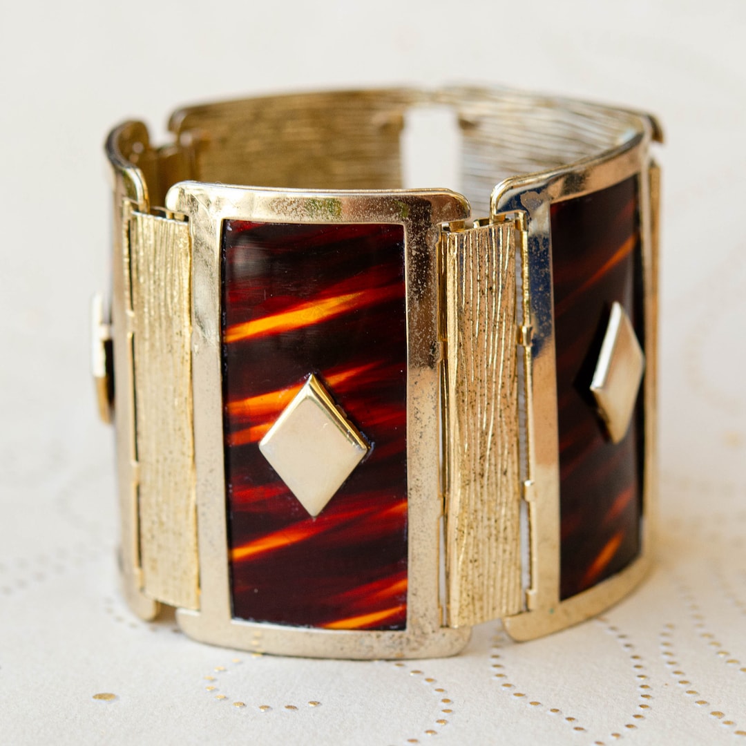 Vintage Leru Tortoise Shell Bracelet Extra Wide Panel Bracelet Gold ...