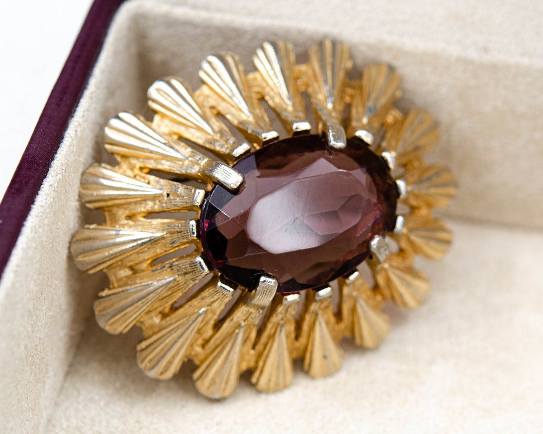 Vintage Gold Dome Modernist Brooch Faceted Purple Crystal Brooch ...