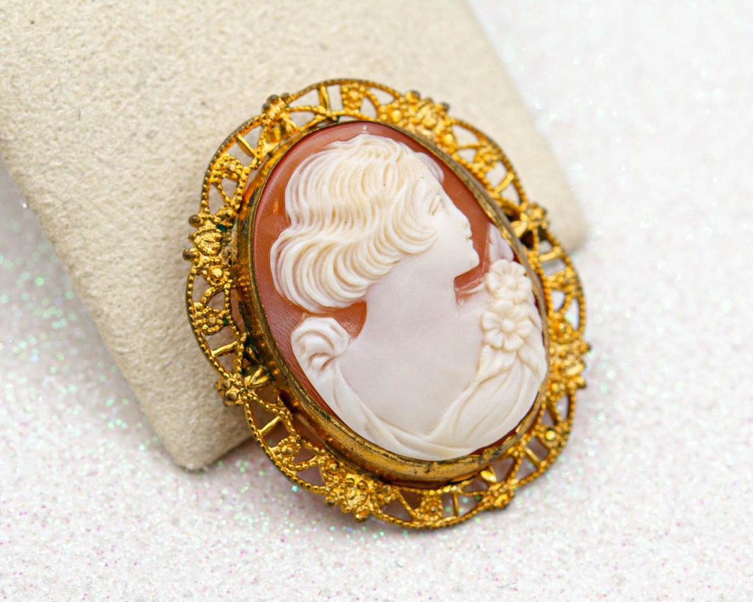 Vintage Real Shell Cameo Brooch Pendant Small Orange Oval Pin Gold ...