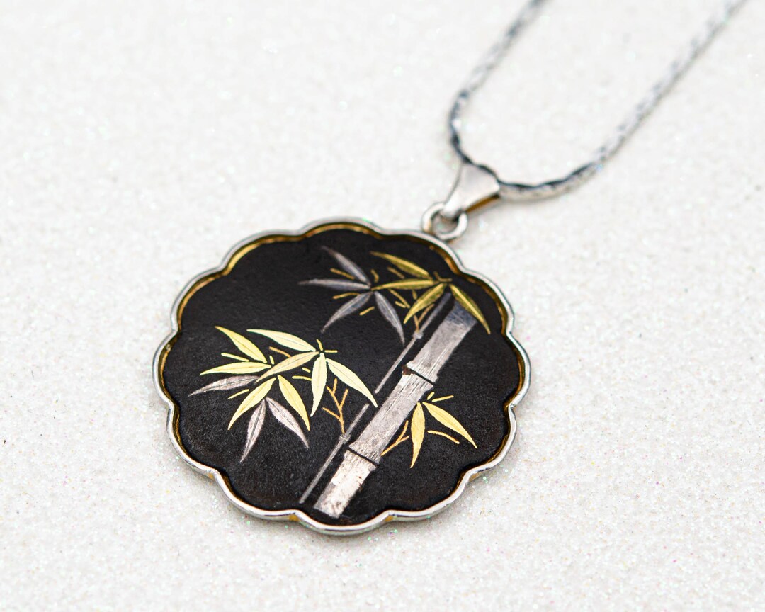 Vintage Silver and Gold Bamboo Necklace Japanese Damascene Pendant ...