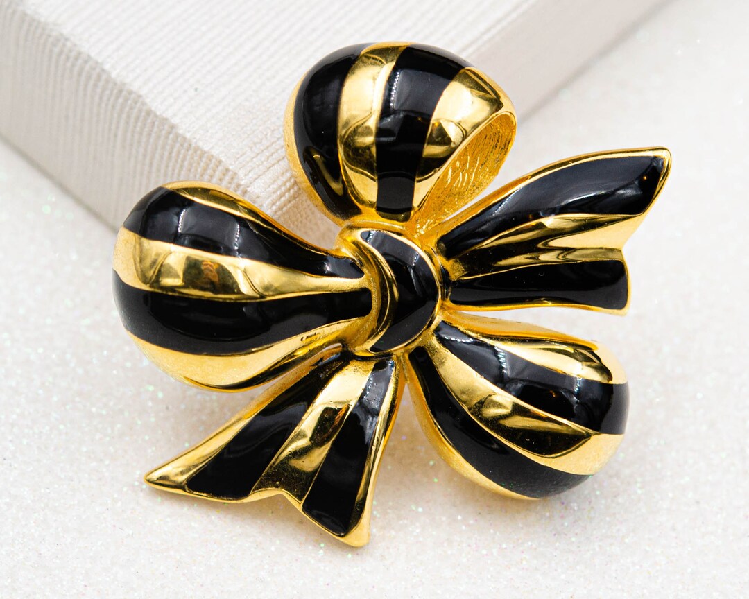 Vintage Joan Rivers Brooch Gold Ribbon Bow Brooch Black Enamel - Etsy