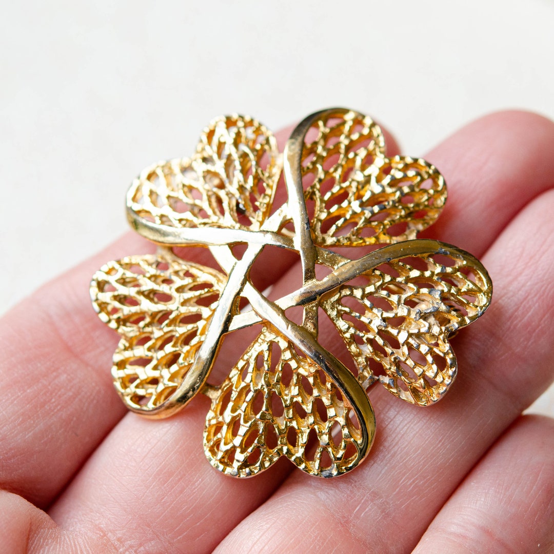 Vintage Large Five Leaf Clover Brooch Gold Star Brooch Twisted Shamrock ...