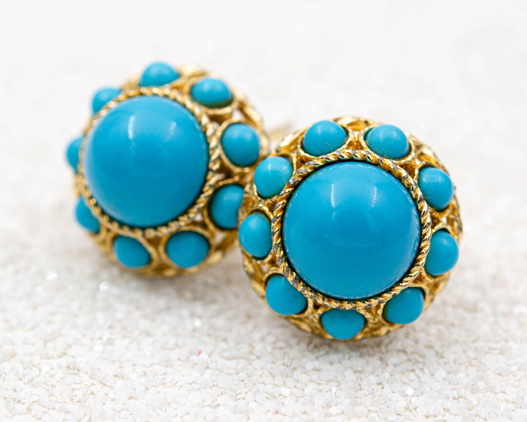 Vintage Sphinx Earrings Gold Dome Chunky Earrings Turquoise Non Pierced ...