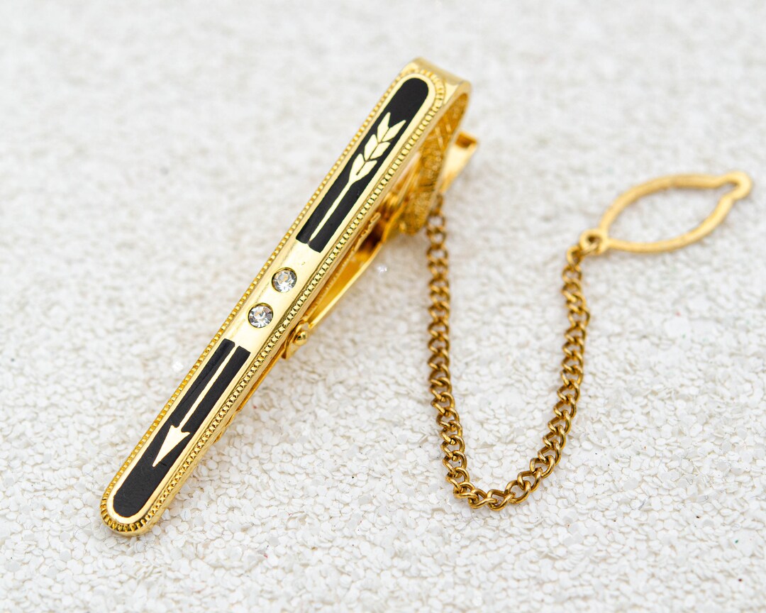 Vintage Black Enamel Tie Clip With Chain Gold Arrow Tie Bar Skinny Tie ...