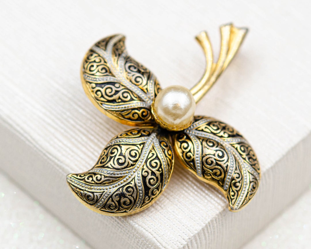 Vintage Damascene Leaves Brooch Spanish Damascene Pin Spanish Mom Gift ...