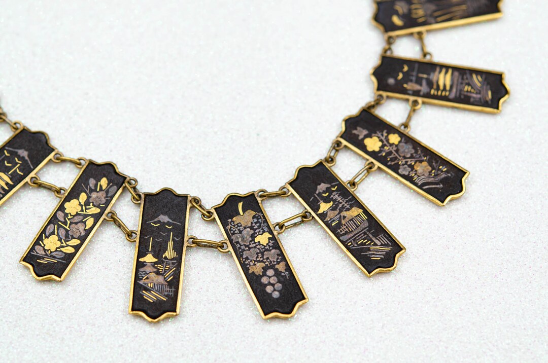 Vintage Japanese Damascene Necklace Amita Jewelry Black Bib - Etsy