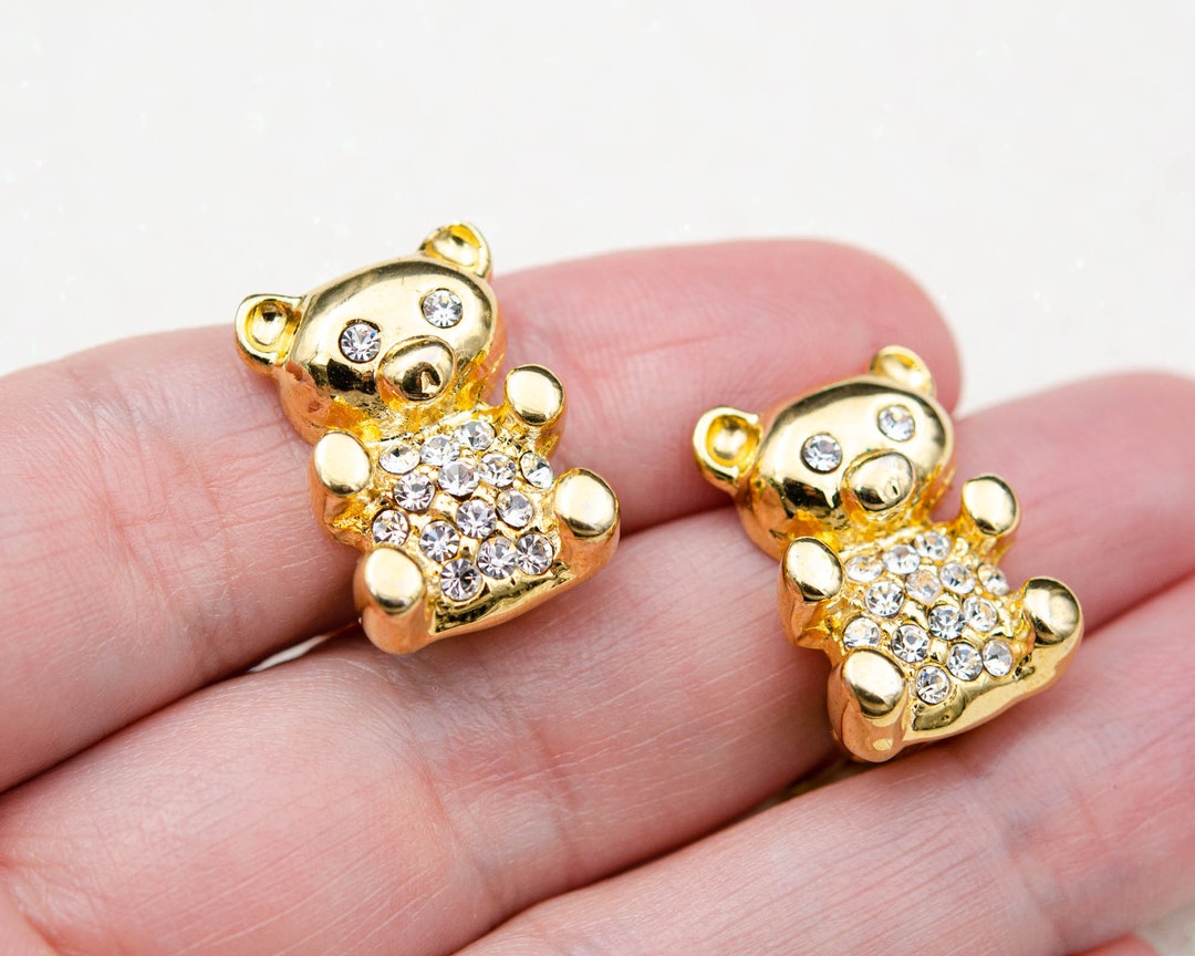 Vintage Gold Teddy Bear Earrings Small Non Pierced Earrings Clear Crystal Bear Jewelry April ...