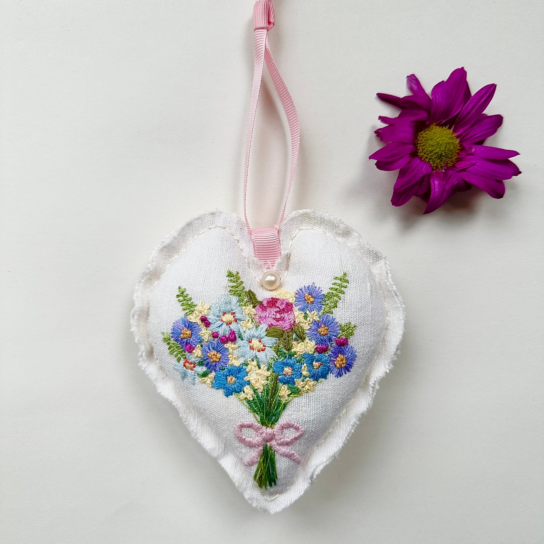 Rustic Bouquet Heart Decoration | Vintage | Hand Embroidered | Flowers ...