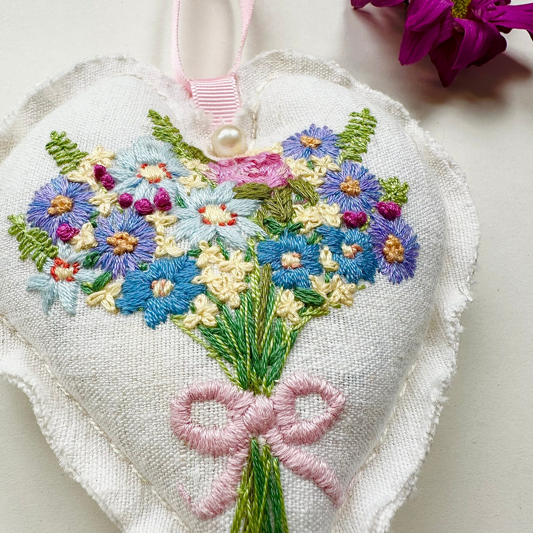 Rustic Bouquet Heart Decoration | Vintage | Hand Embroidered | Flowers ...