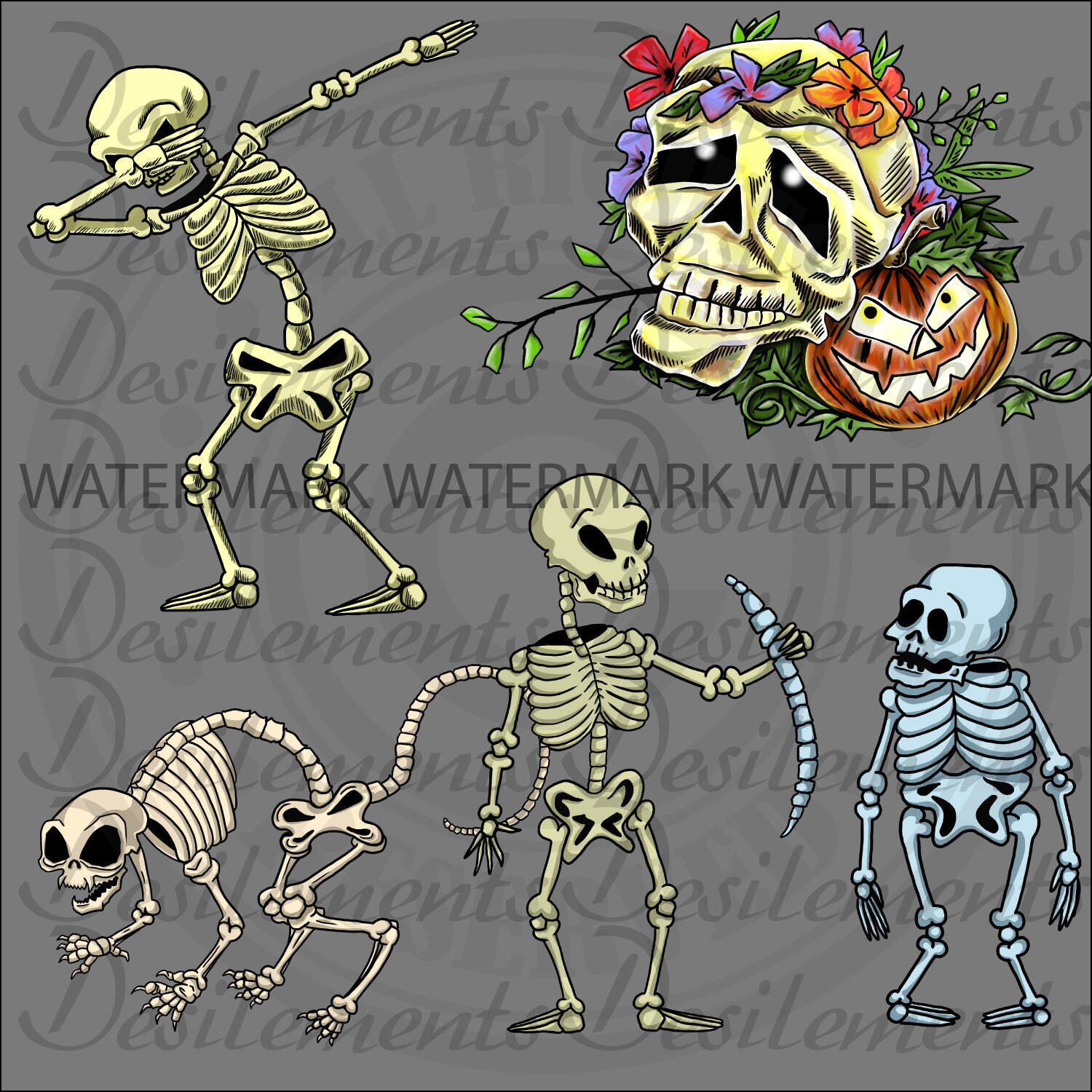 Halloween Clip Art, Skeleton Illustration, Clipart, 4 Separate Image ...