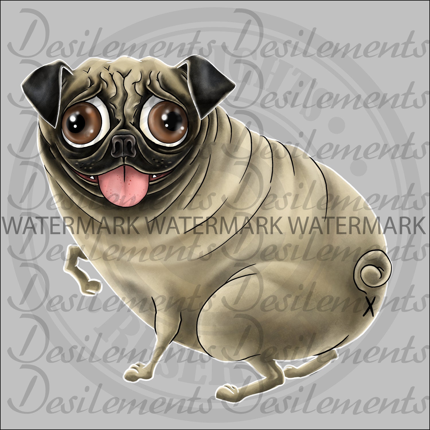 Pug Clip Art, Pug Illustration, Funny Pug Cartoon, Dog Clip Art, One ...