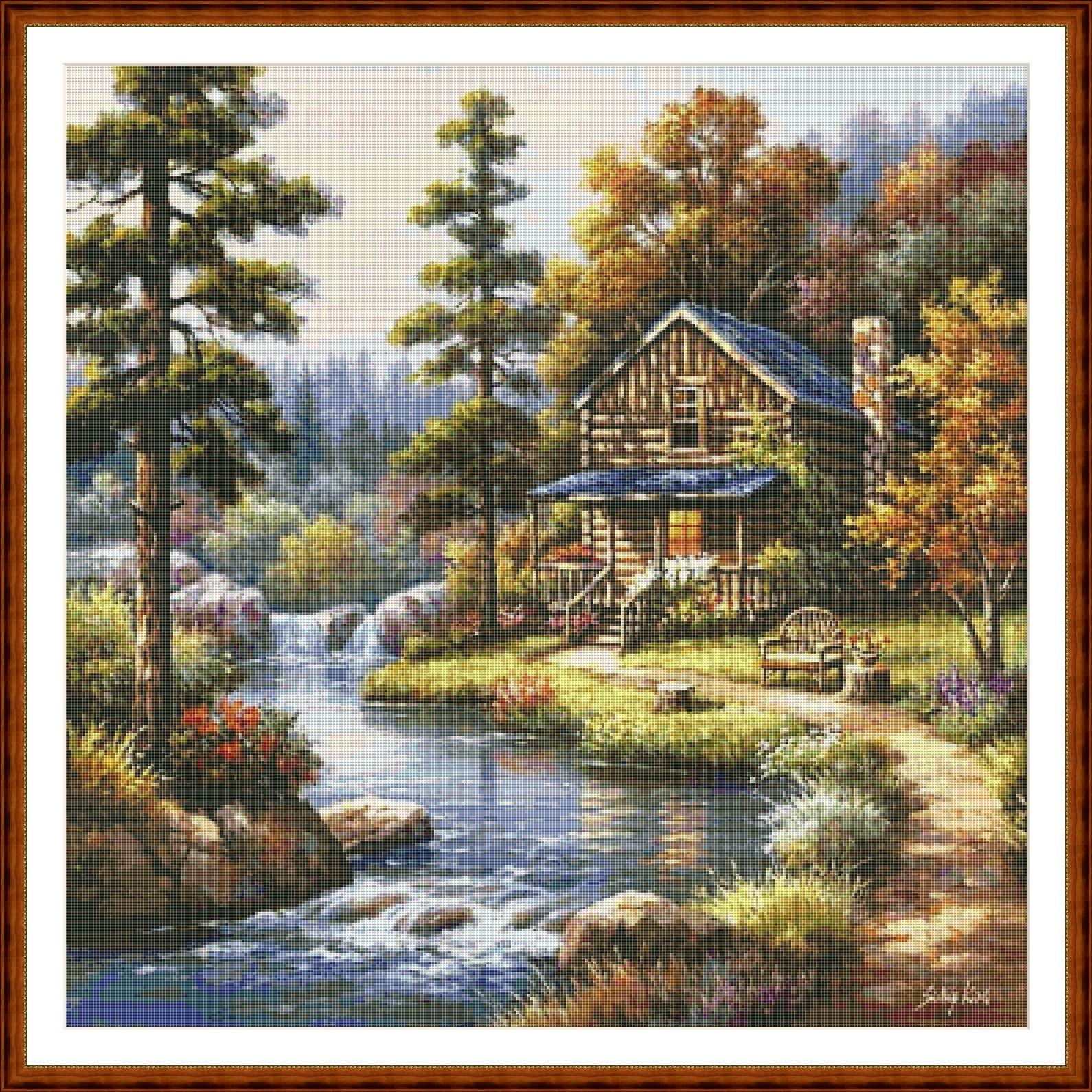 Counted Cross Stitch Pattern the Log Cabin by the Falls Summer ...