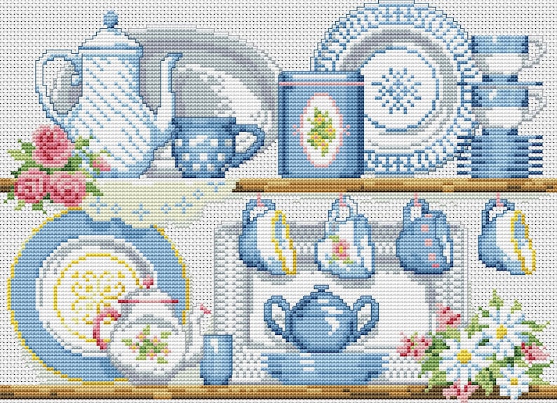 Kitchen Shelf Cross Stitch Pattern Shelf With Dishies Kitchen - Etsy