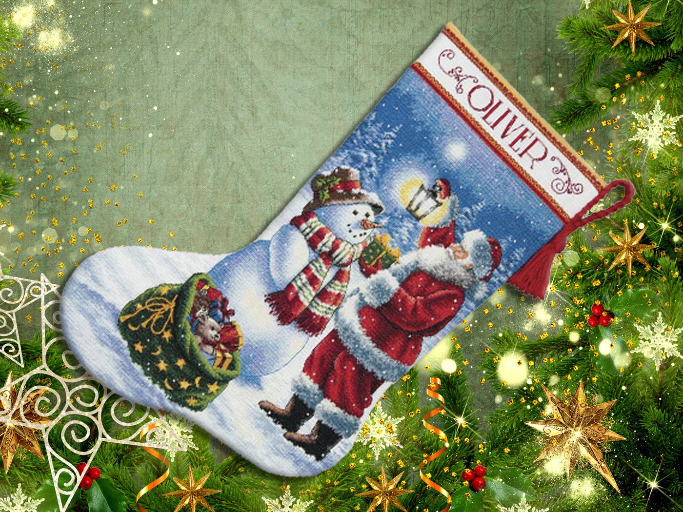 Holiday Glow Christmas Stocking Counted Cross Stitch Pattern Santa ...