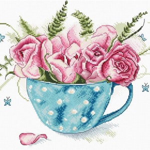 Cross Stitch Kit A Cup of Roses Counted Cross Stitch DIY - Etsy