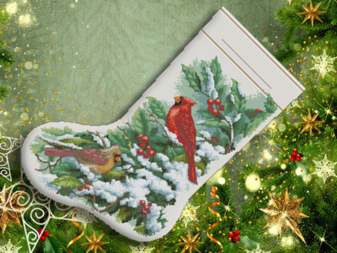 Early Snow Cardinals Christmas Stocking Counted Cross Stitch Pattern ...