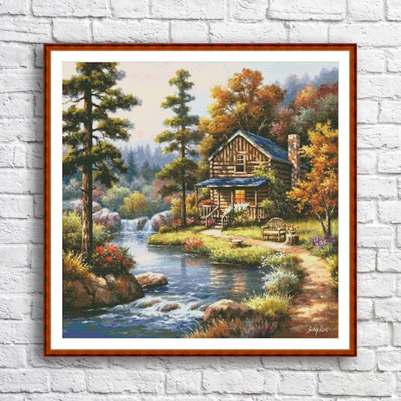 Counted Cross Stitch Pattern the Log Cabin by the Falls Summer | Etsy
