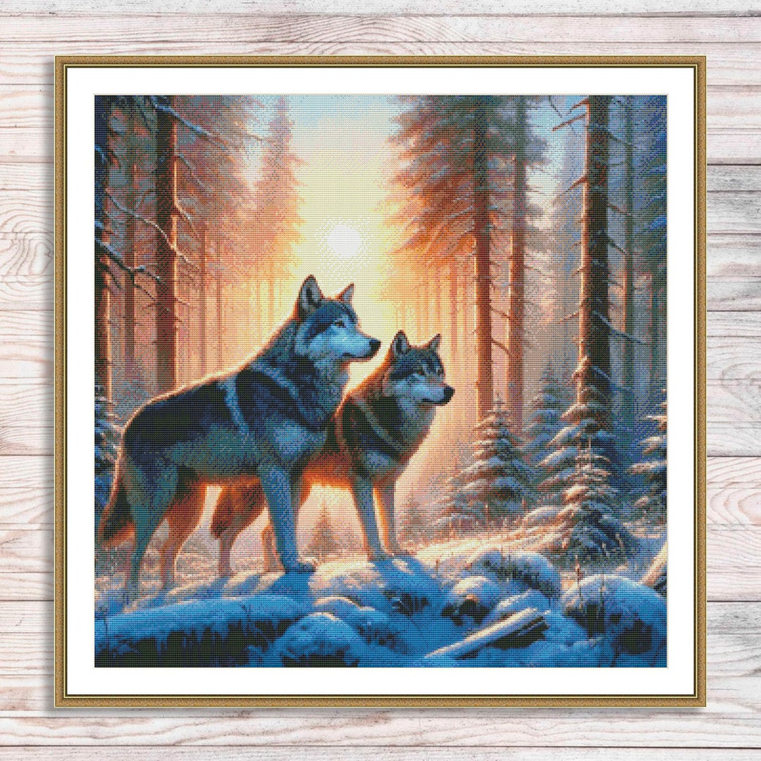 Pair of Wolves Cross Stitch Pattern Forest Landscape Pattern ...