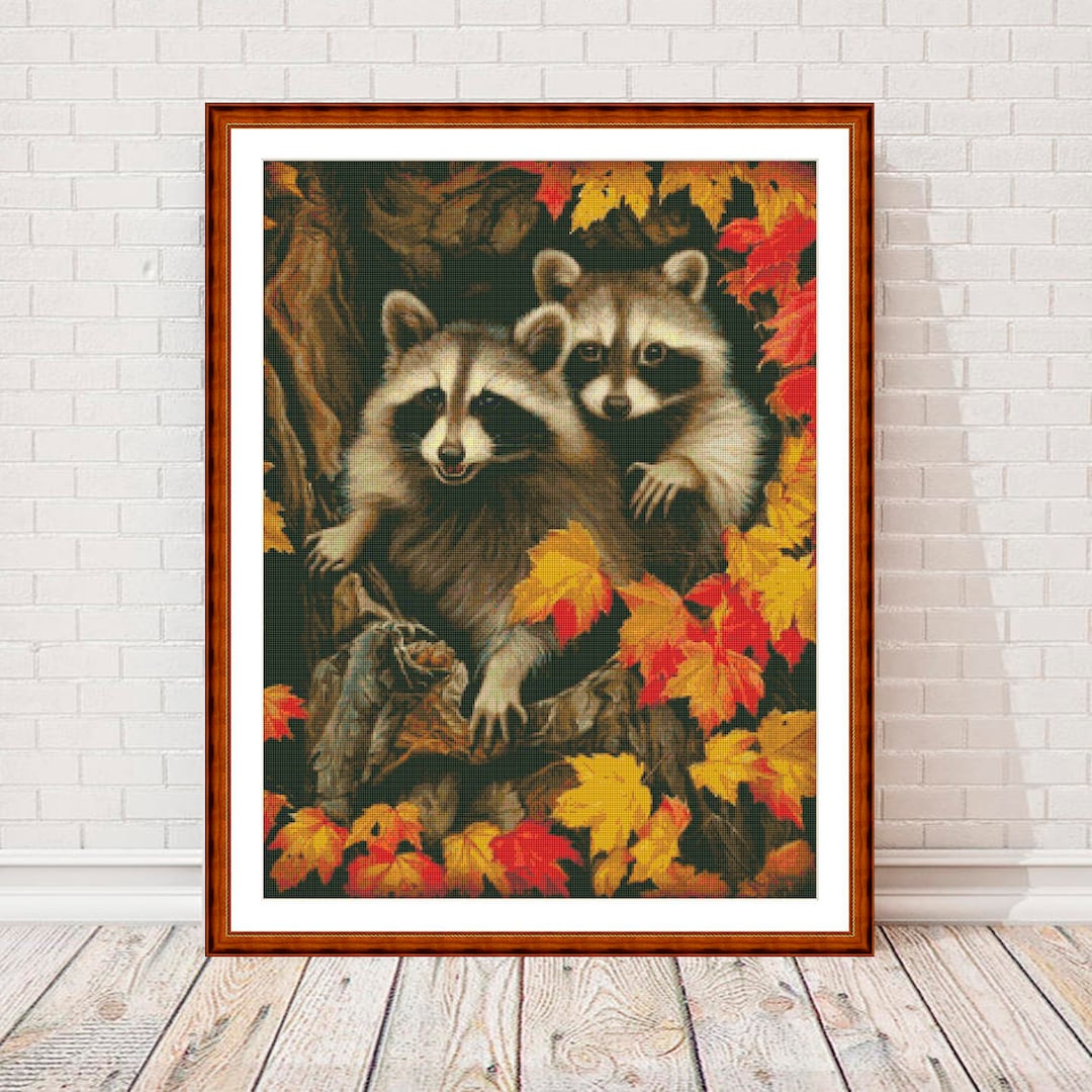 Raccoons Cross Stitch Pattern Autumn Forest Landscape Pattern ...