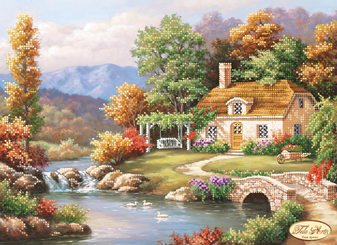 Autumn Landscape Bead Embroidery Kit Bridge River Forest DIY Needlework ...