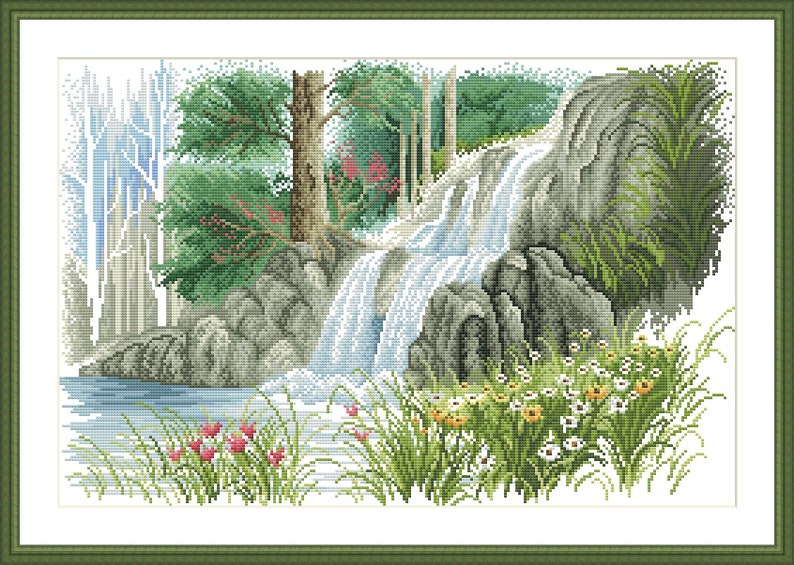 Waterfall Counted Cross Stitch Pattern Spring Landscape Hand Embroidery ...