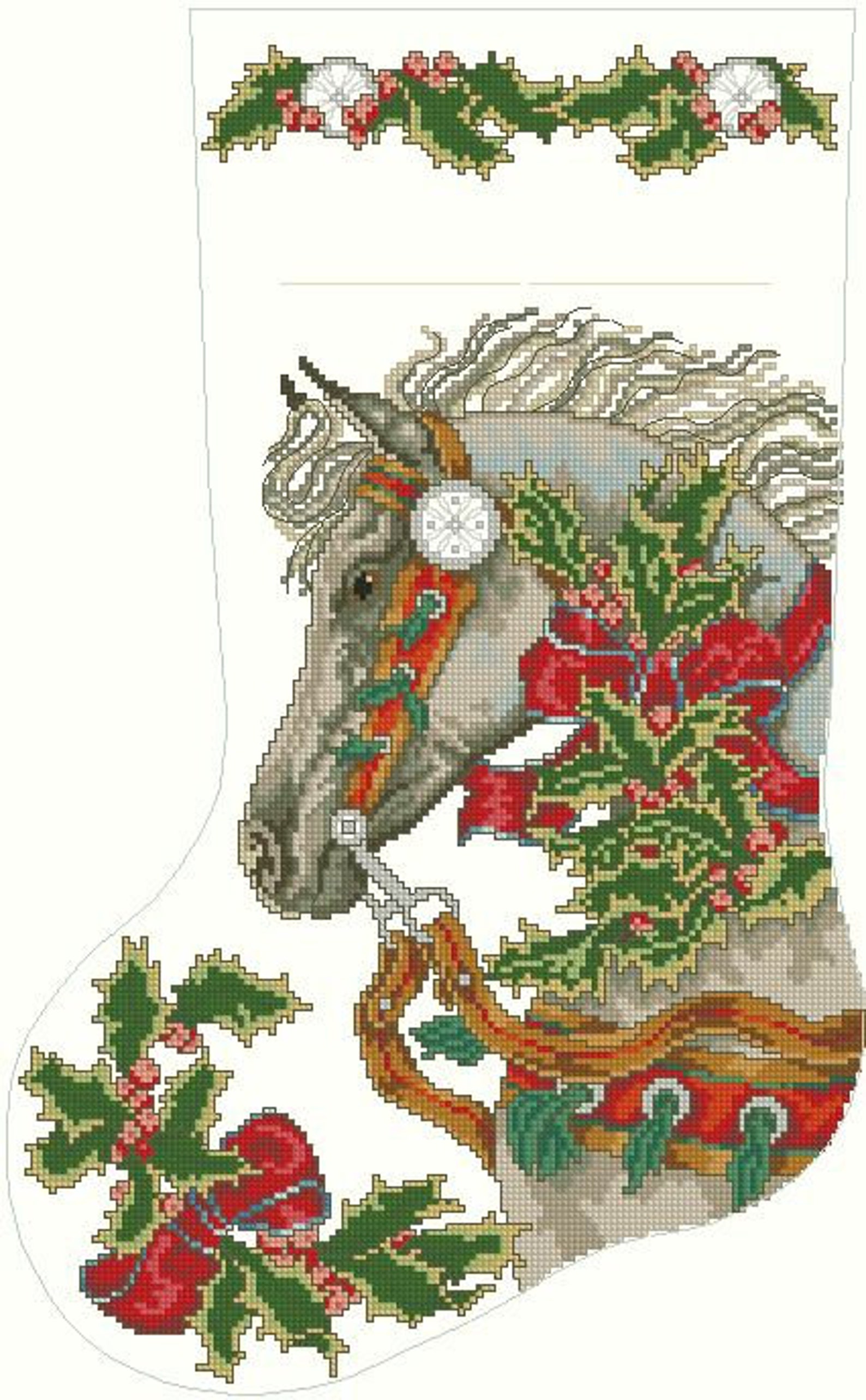 Holly Horse Christmas Stocking Counted Cross Stitch Pattern Embroidery ...