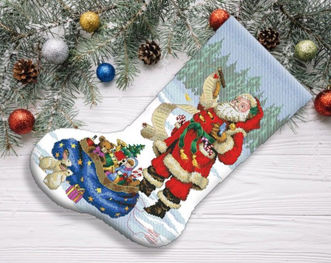 Checking His List Christmas Stocking Counted Cross Stitch Pattern Santa ...