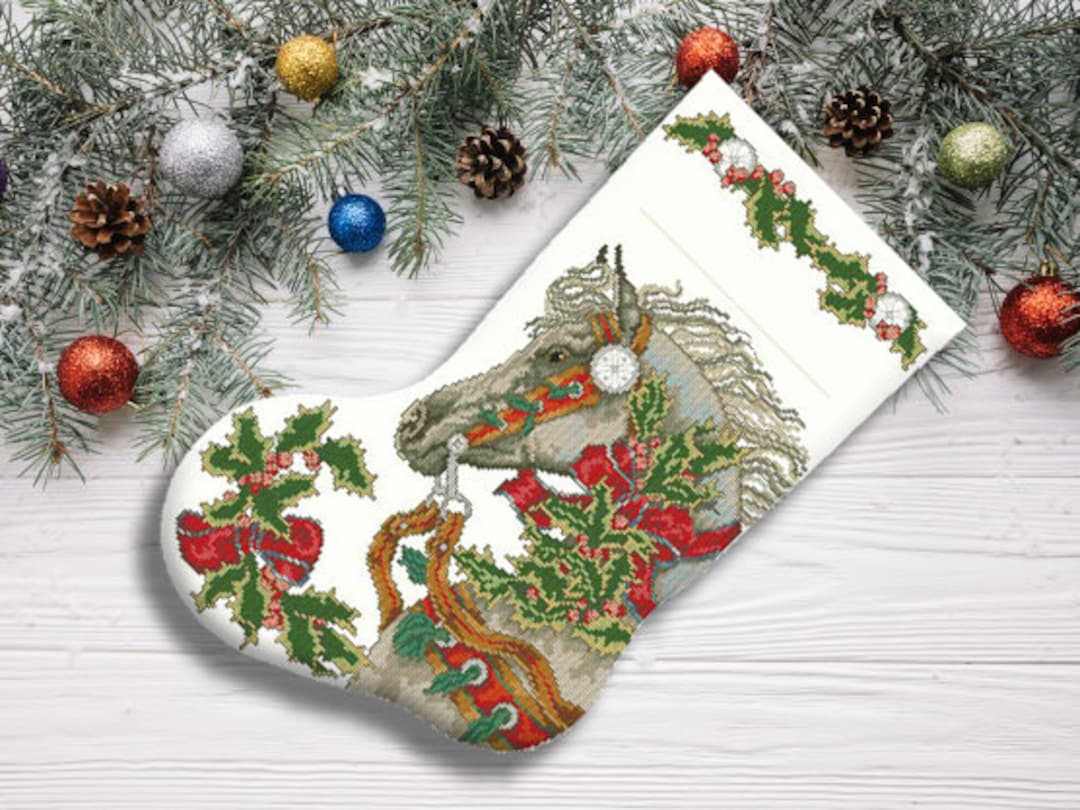 Holly Horse Christmas Stocking Counted Cross Stitch Pattern Embroidery ...
