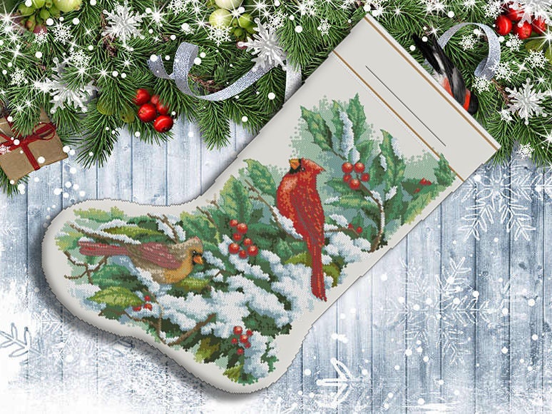 Cross Stitch Fiber Arts Early snow cardinals Christmas Stocking Counted ...