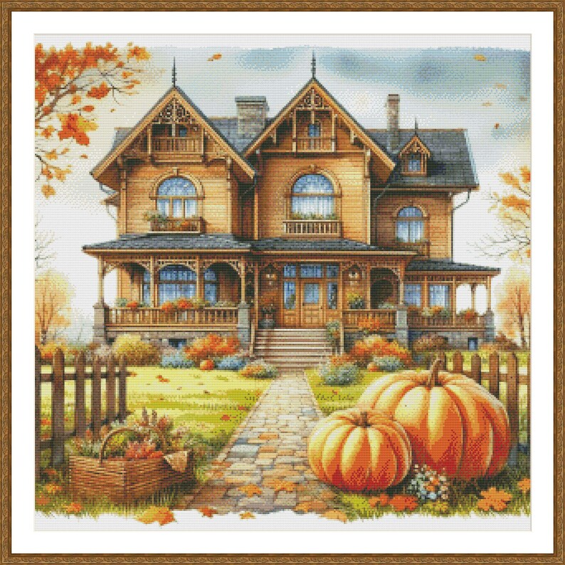 Autumn Cottage Counted Cross Stitch Pattern Golden Autumn Landscape ...