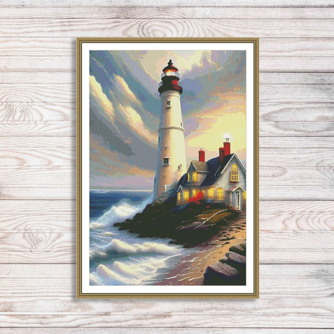 Lighthouse Counted Cross Stitch Pattern Beacon at Daybreak Digital ...