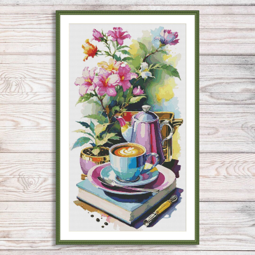 Coffee Time Cross Stitch Pattern Digital Pattern Watercolor Flowers ...