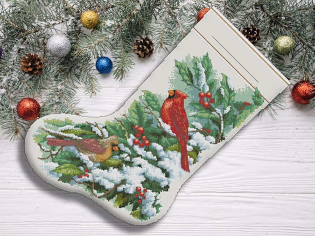 Early Snow Cardinals Christmas Stocking Counted Cross Stitch Pattern ...