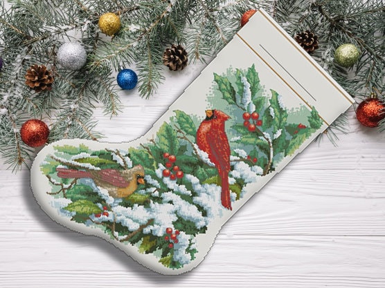 Early Snow Cardinals Christmas Stocking Counted Cross Stitch Pattern ...