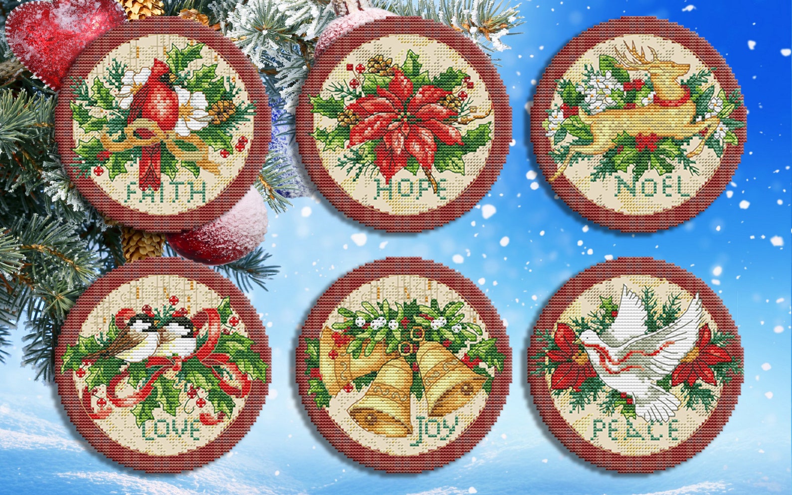 Christmas Cross Stitch Pattern Old World Holiday Ornaments Set Xmas Embroidery Tree Stitching ...