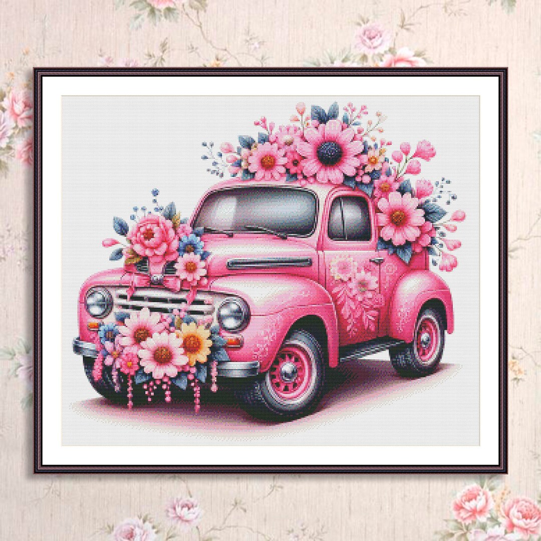 Pink Blooming Car Cross Stitch Pattern Retro Car Xstitch Pattern ...