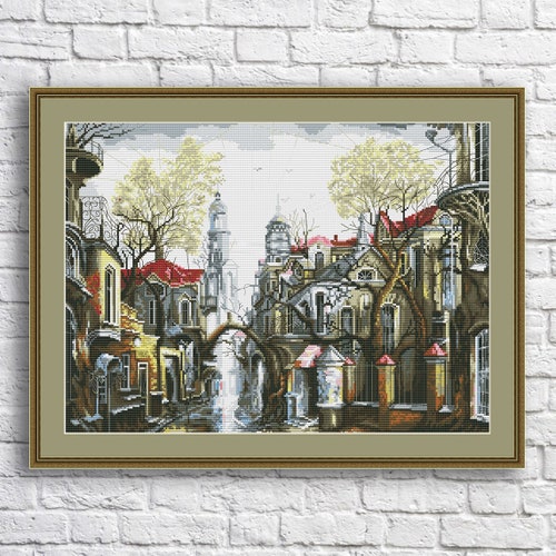 Rain in the Evening City Counted Cross Stitch Pattern Old City - Etsy
