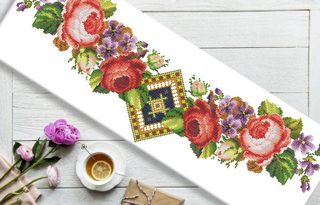 Tablecloth With Red Roses Cross Stitch Pattern Kitchen Table Runner ...