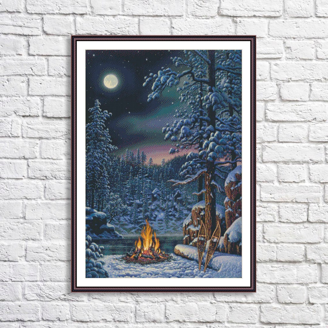 Fire and Ice Counted Cross Stitch Pattern Winter Landscape Snow Bonfire ...