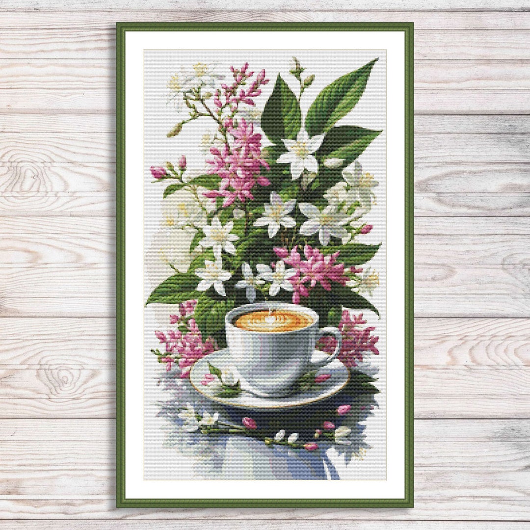 Coffee Time Cross Stitch Pattern Digital Pattern Watercolor Flowers ...
