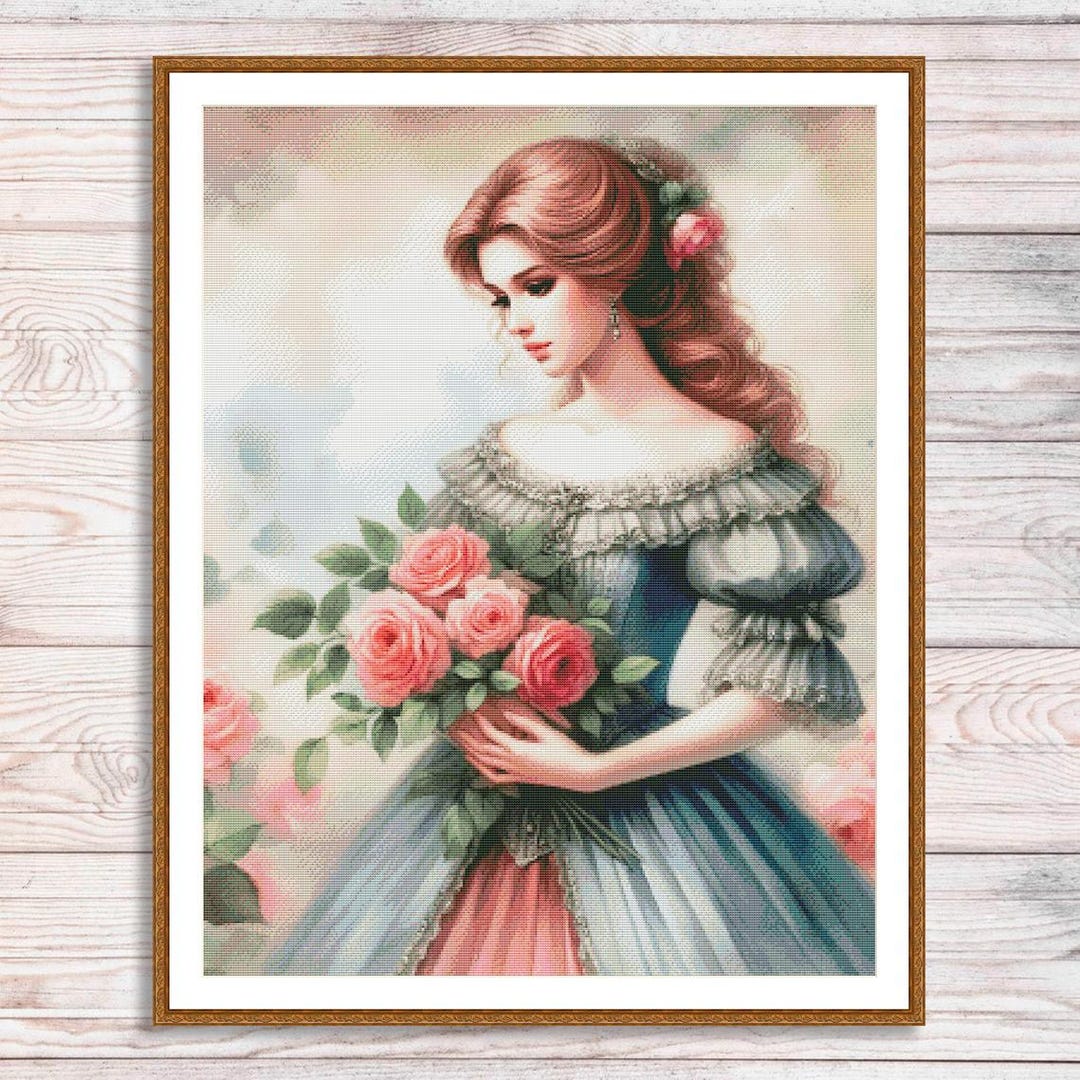 Elegant Woman Cross Stitch Pattern Digital Pattern Roses Garden Blue ...