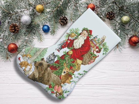 Woodland Santa Christmas Stocking Counted Cross Stitch Pattern - Etsy