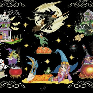Halloween Sampler Cross Stitch Pattern Black Cat Haunted House ...
