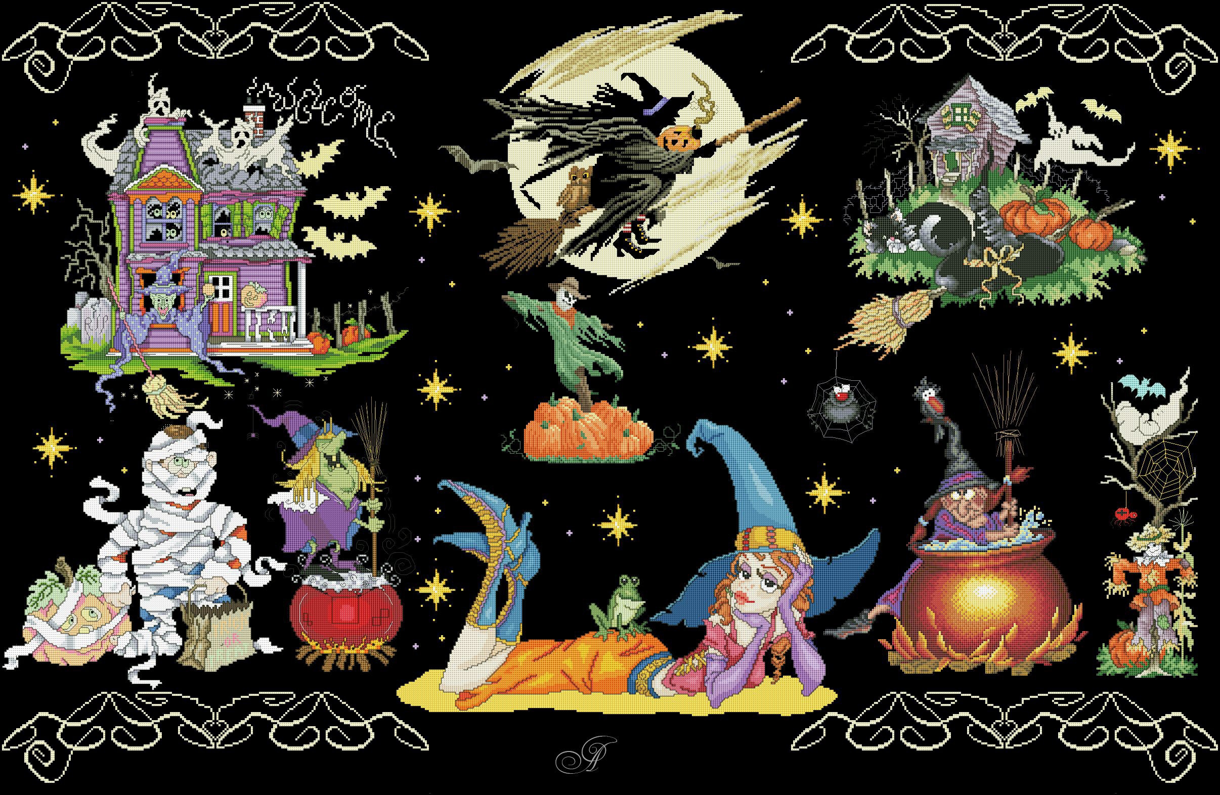 Halloween Sampler Cross Stitch Pattern Black Cat Haunted House ...