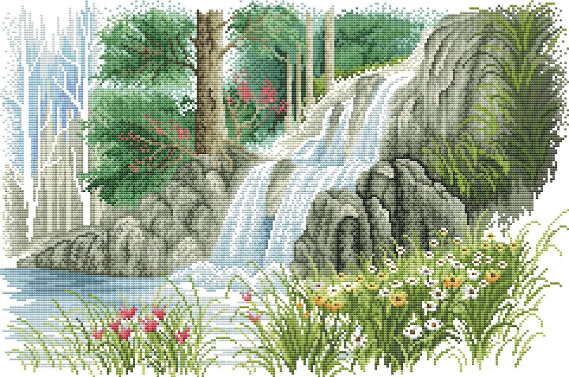 Waterfall Counted Cross Stitch Pattern Spring Landscape Hand Embroidery ...