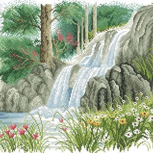 Waterfall Counted Cross Stitch Pattern Spring Landscape Hand Embroidery ...