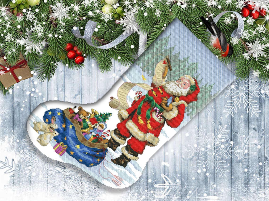 Checking His List Christmas Stocking Counted Cross Stitch Pattern Santa ...